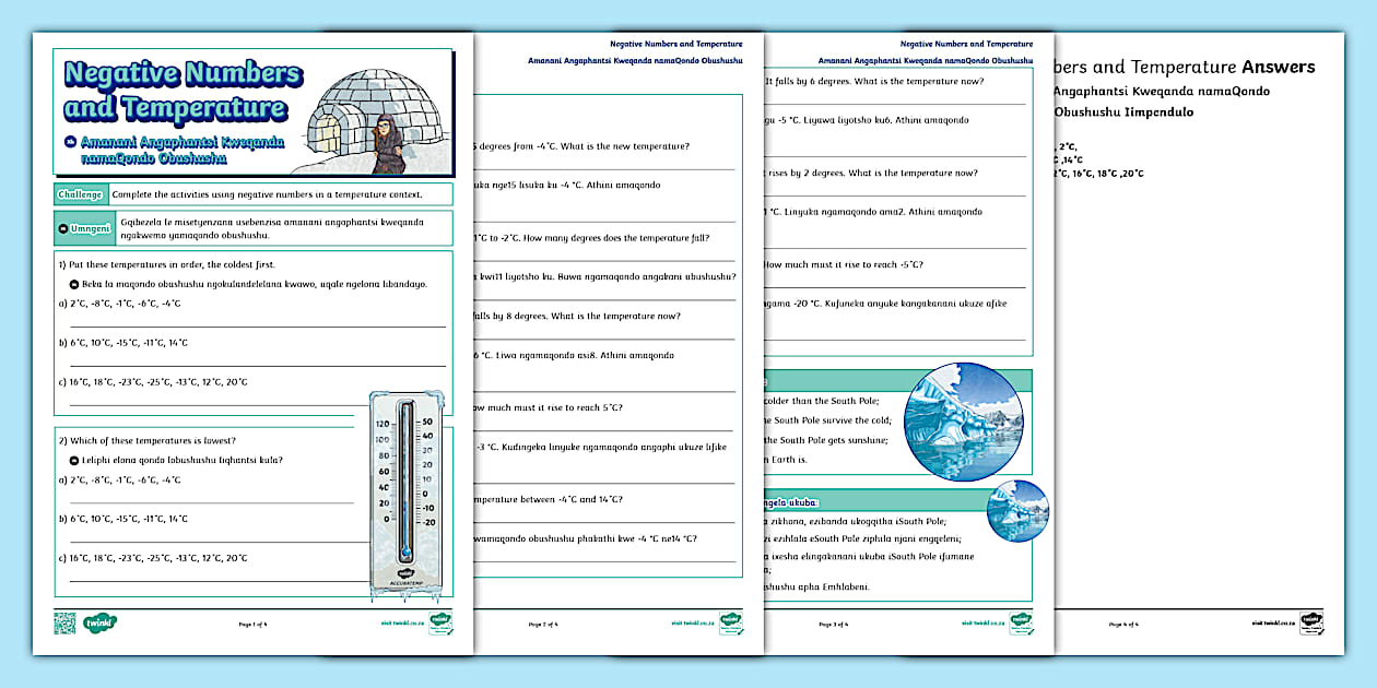 Negative Numbers and Temperature Activity Sheet IsiXhosa