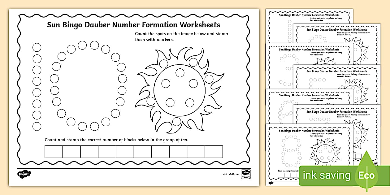 Sun Bingo Dauber Number Formation Worksheets (teacher made)