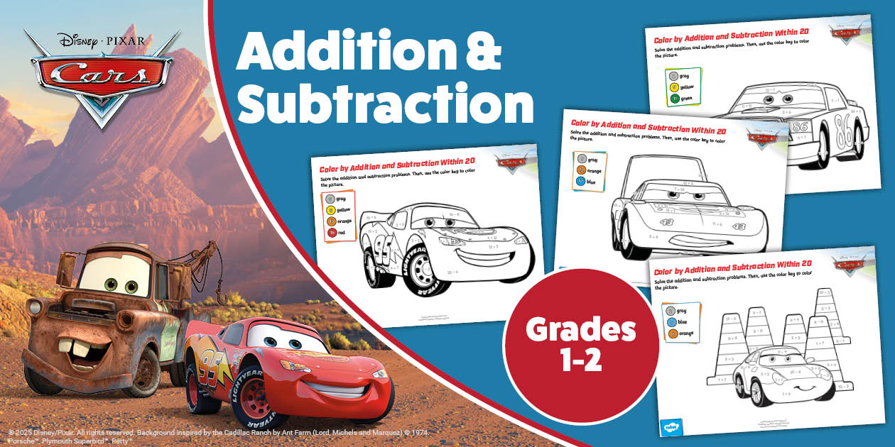 Cars: Color by Addition and Subtraction Within 20 Worksheets