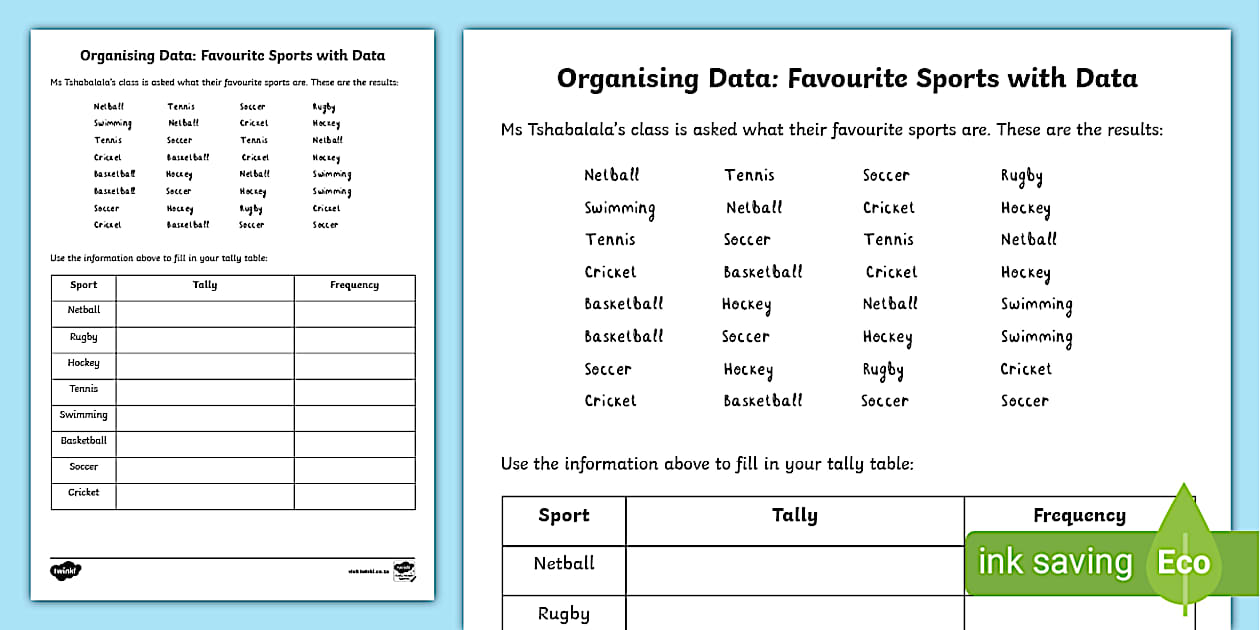 Organising Data: Favourite Sports with Data Activity Sheet
