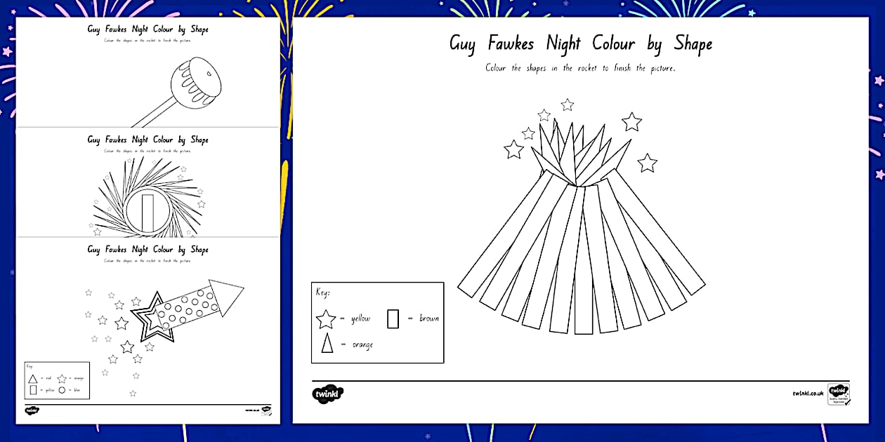 Guy Fawkes Night Colour by 2D Shape Worksheet / Worksheets