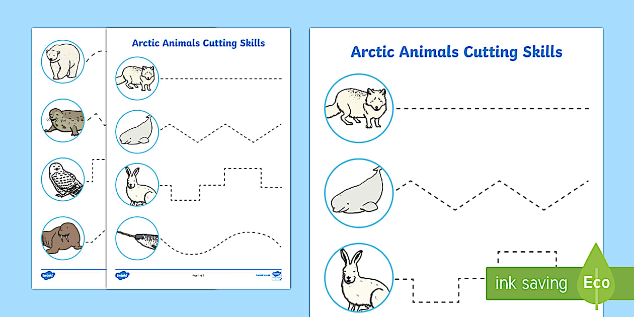 Black and White Arctic Animal Themed Cutting Skills Activity