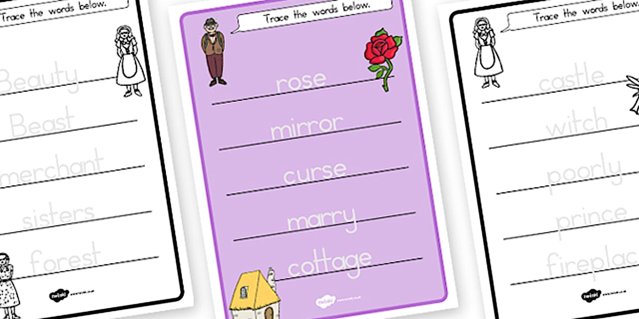 Editable Beauty and the Beast Trace the Words Worksheets