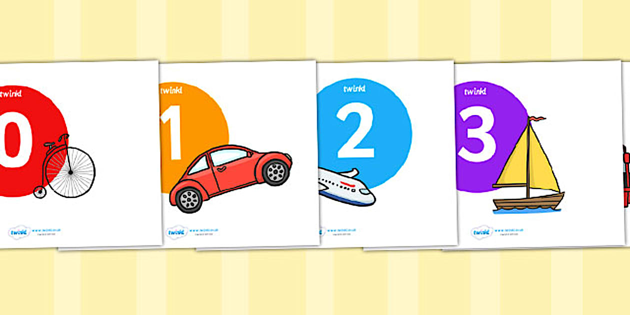 Numbers 0-25 on Coloured Circles with Transport Images