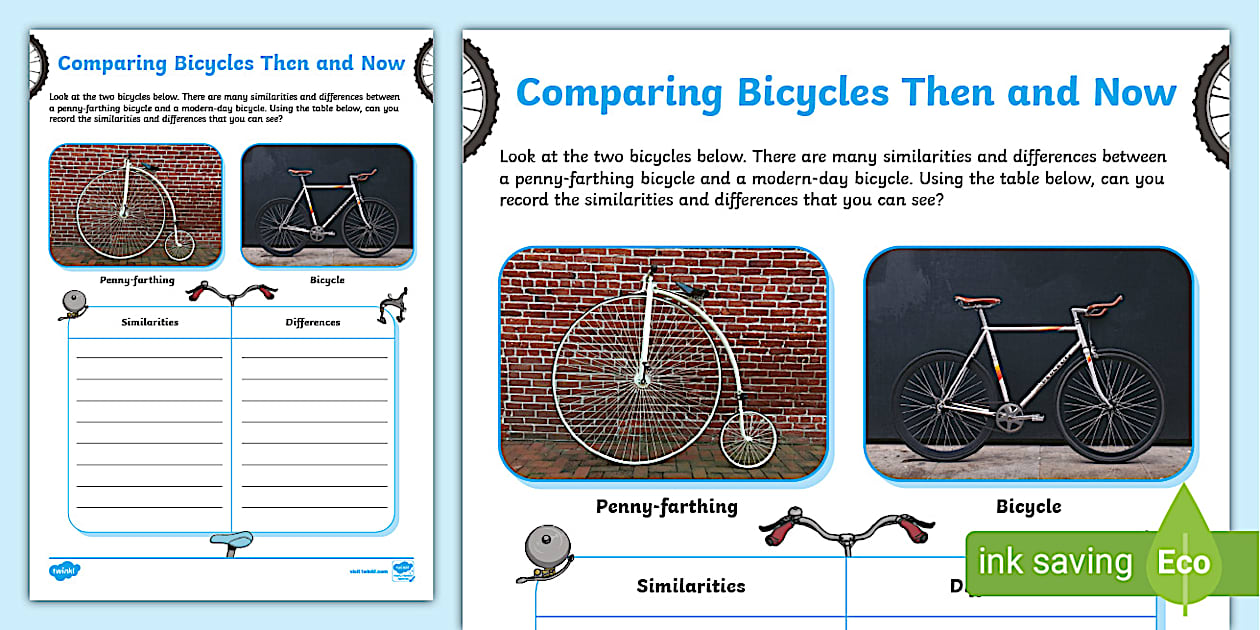 Comparing Bicycles Then and Now Activity Sheet - Twinkl