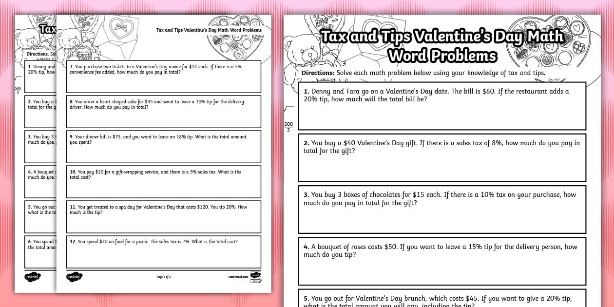 Seventh Grade Tax and Tips Valentine’s Day Word Problems