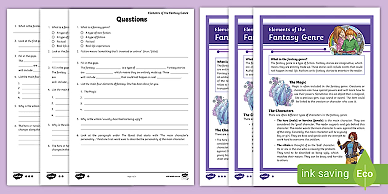 Fantasy Reading Comprehension Worksheets PDF - English
