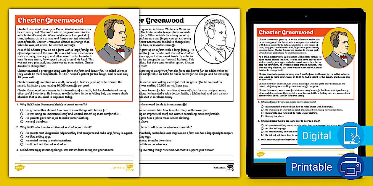 Eighth Grade Chester Greenwood Reading Passage Comprehension