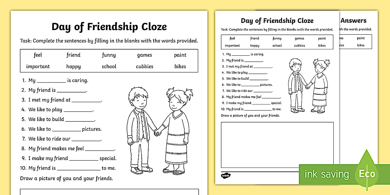 SA International Day of Friendship Cloze Worksheet - Twinkl