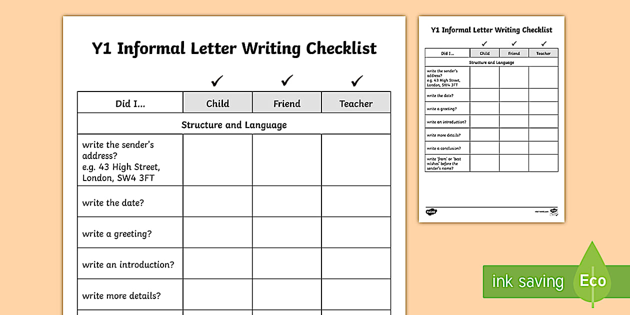 Success Criteria For Letter Writing Informal Checklist - Primary Resources