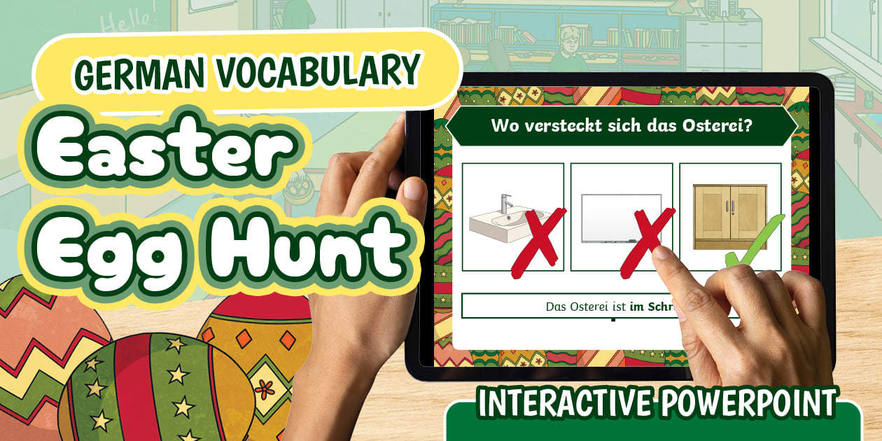 German Vocabulary Easter Egg Hunt Interactive PowerPoint 3-6