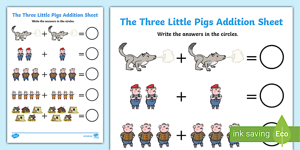 Black and White The Three Little Pigs Addition Sheet
