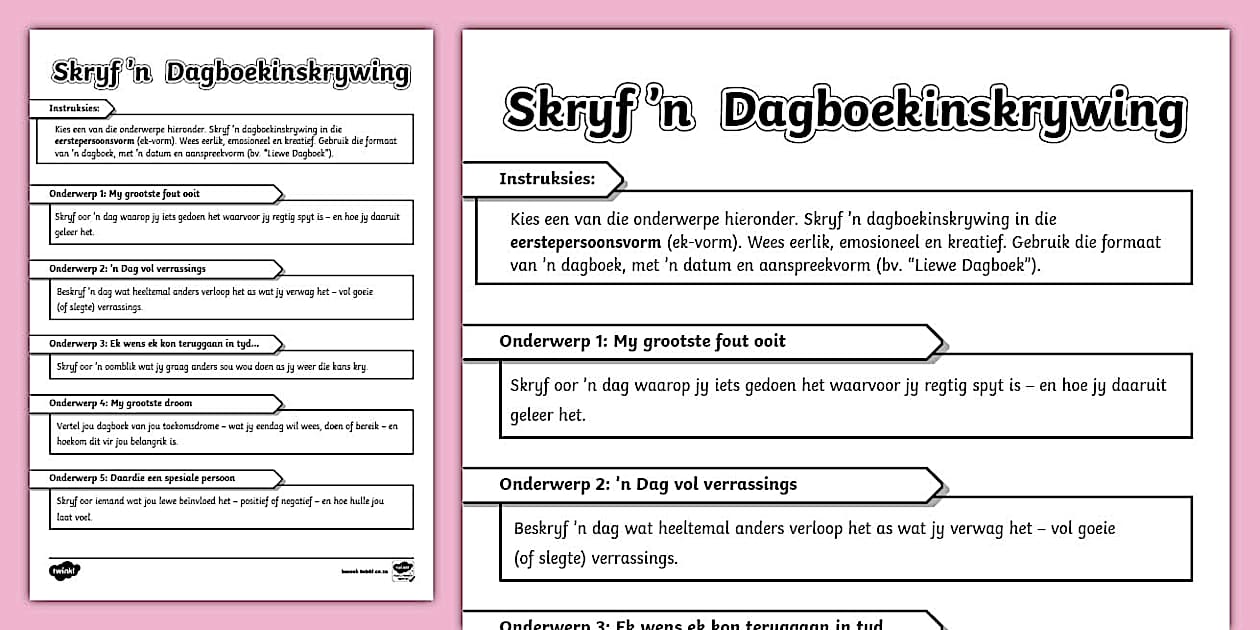 Skryf 'n Dagboekinskrywing | Diary Entry in Afrikaans