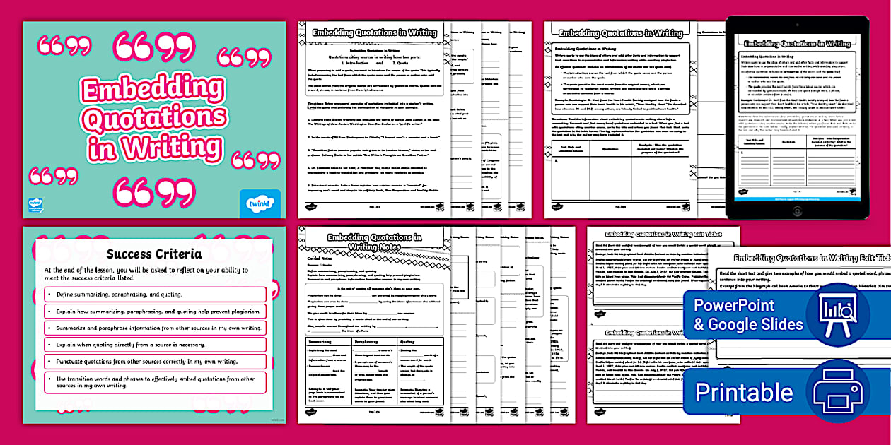Embedding Quotations in Writing Lesson Pack for 6th-8th
