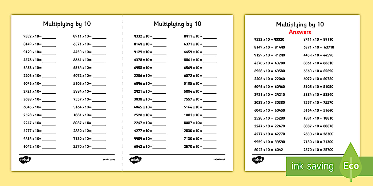 Multiplying 4 Digit Numbers by 10 A5 Worksheet / Worksheet