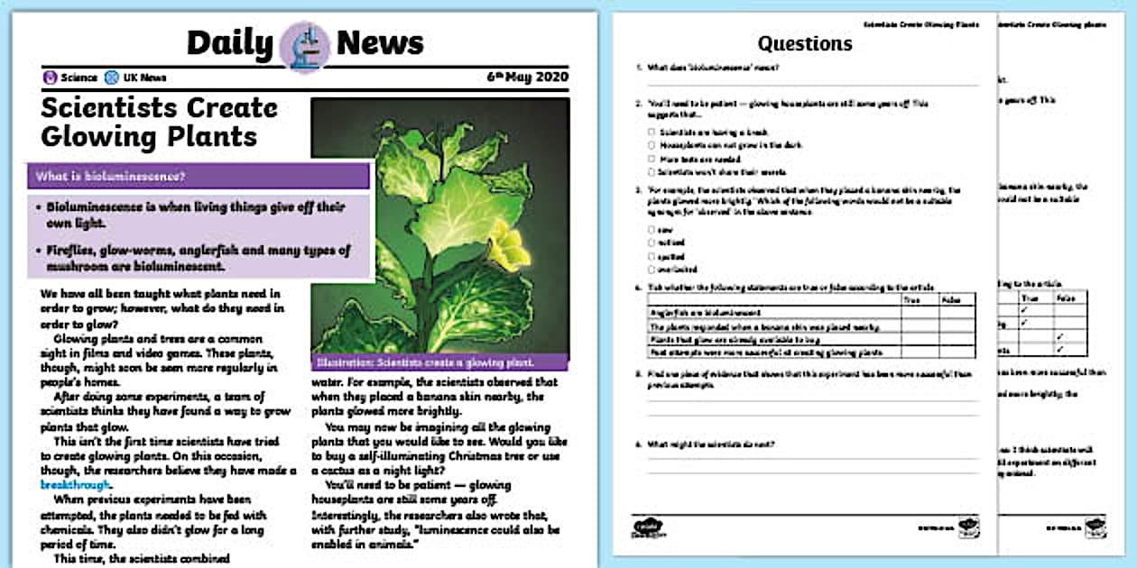 Scientists Grow Glowing Plants Daily News Story (Ages 9-11)