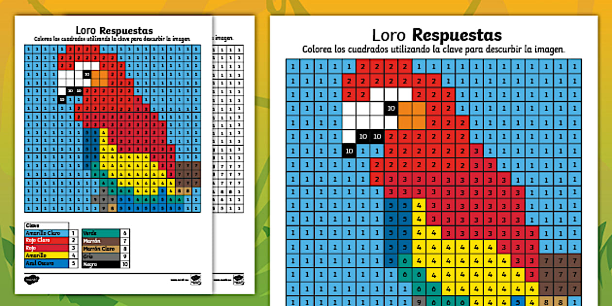 Ficha de actividad: Colorear píxeles - Loro - Twinkl