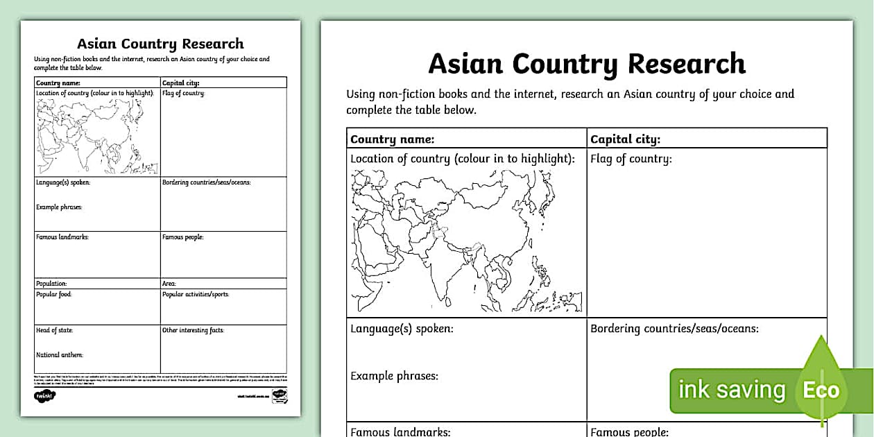 Asian Country Research Worksheet (Teacher-Made) - Twinkl
