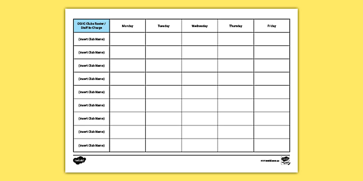 OSHC Editable Clubs Roster (teacher made) - Twinkl
