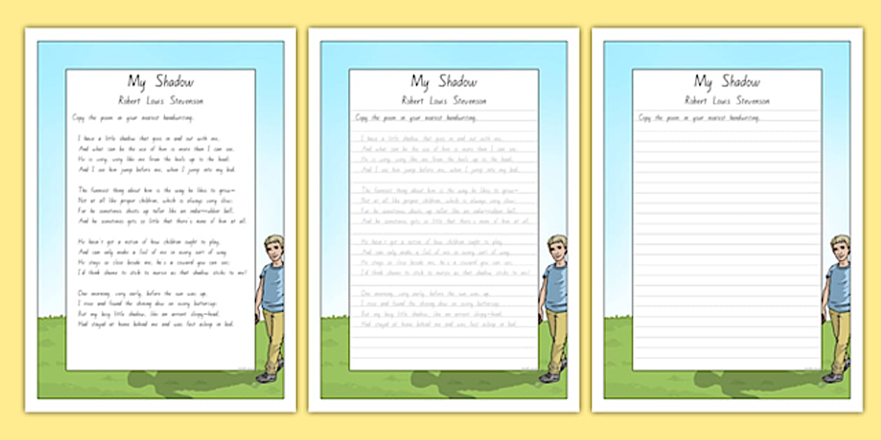 Black and White New Zealand My Shadow Poem Handwriting Practice Worksheets
