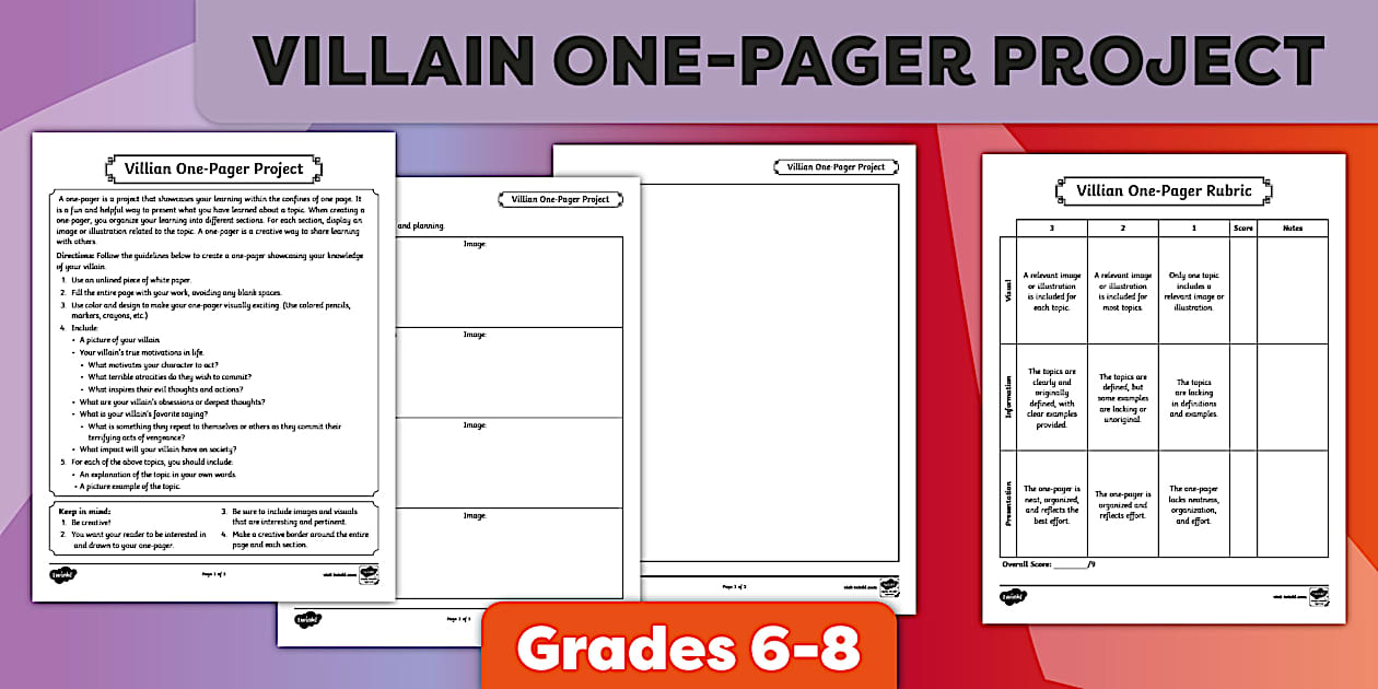 Villain One-Pager Writing Project for 6th-8th Grade - Twinkl