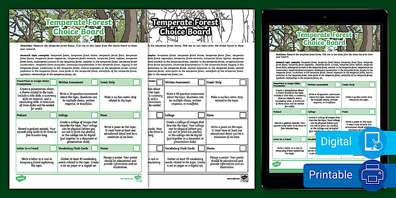Temperate Forest Biome Choice Board for 6th-8th Grade