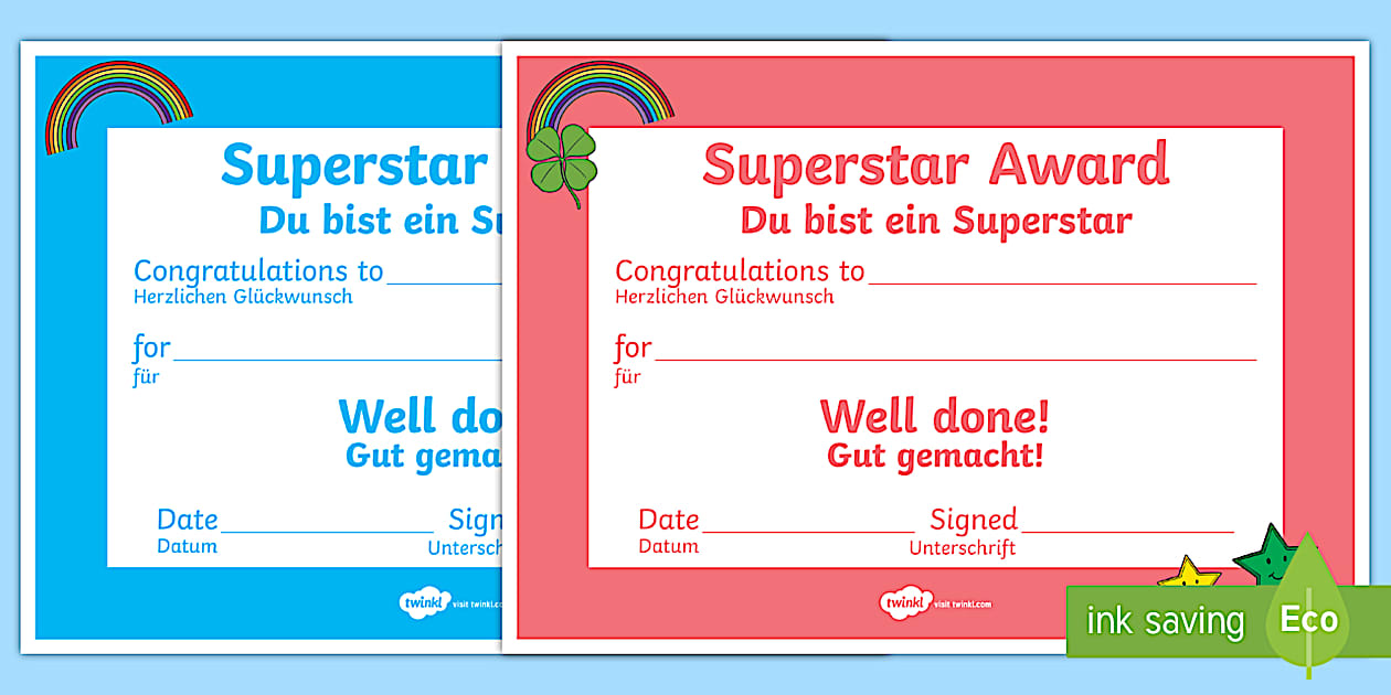 Superstar Award Certificates English/German