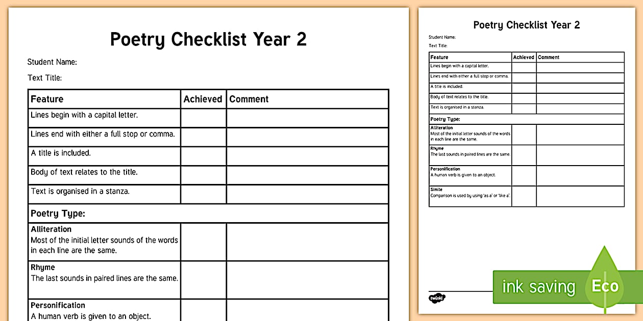 Editable Year 2 Poetry Checklist (professor feito) - Twinkl