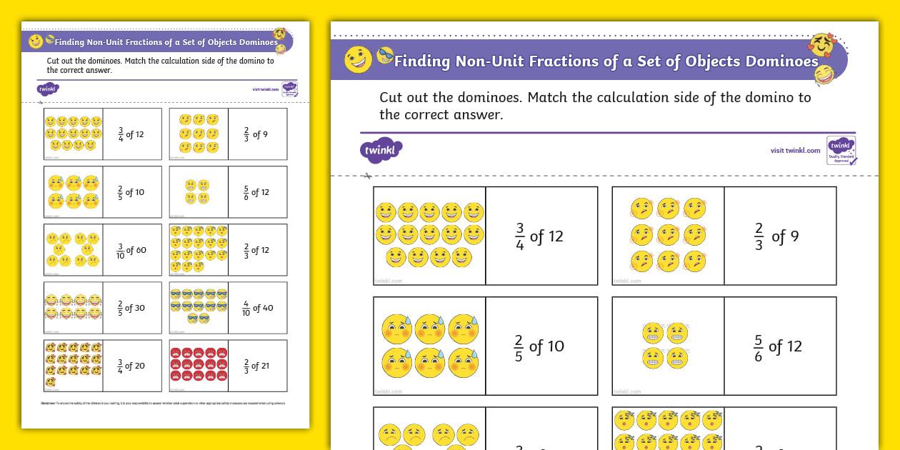 👉 Finding Non-Unit Fractions of a Set of Objects Emoticon Dominoes