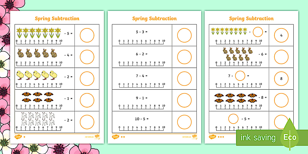 Spring-Themed Subtraction Worksheet - Twinkl