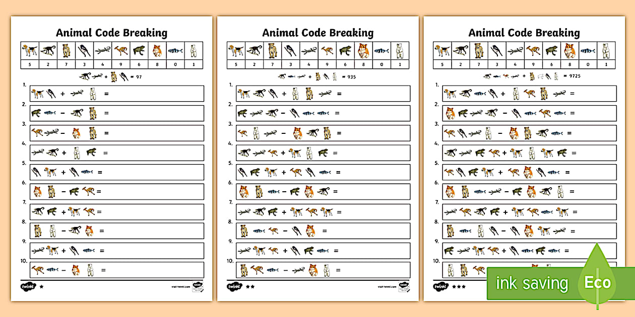 Animal Addition and Subtraction Code Breaking Worksheets