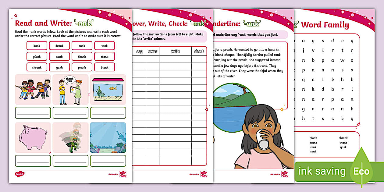 Word Family '-ank' Work Sheets
