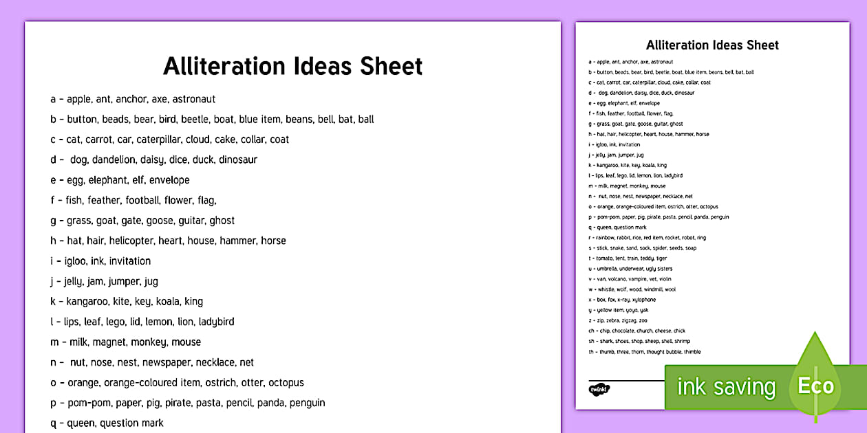 Editable Alliteration Ideas Sheet (teacher made) - Twinkl