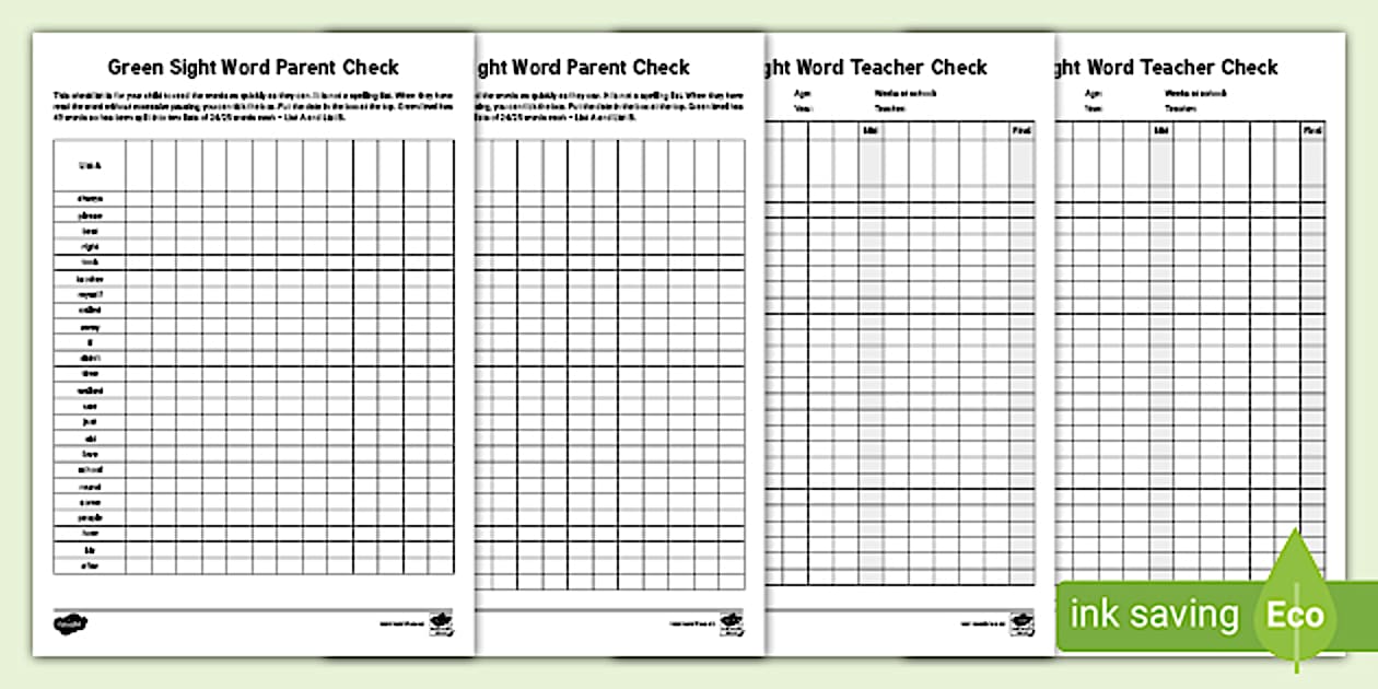 Green Reading Sight Words Checklist - Twinkl