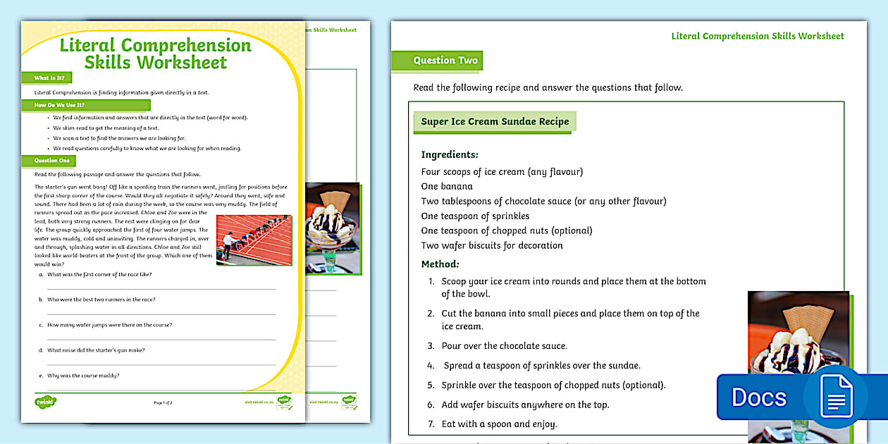 Reading Comprehension Skills: Literal Worksheet (Year 5-6)