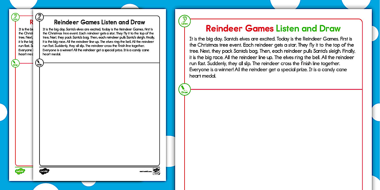 Pre-K Reindeer Games Listen and Draw Worksheet | Twinkl