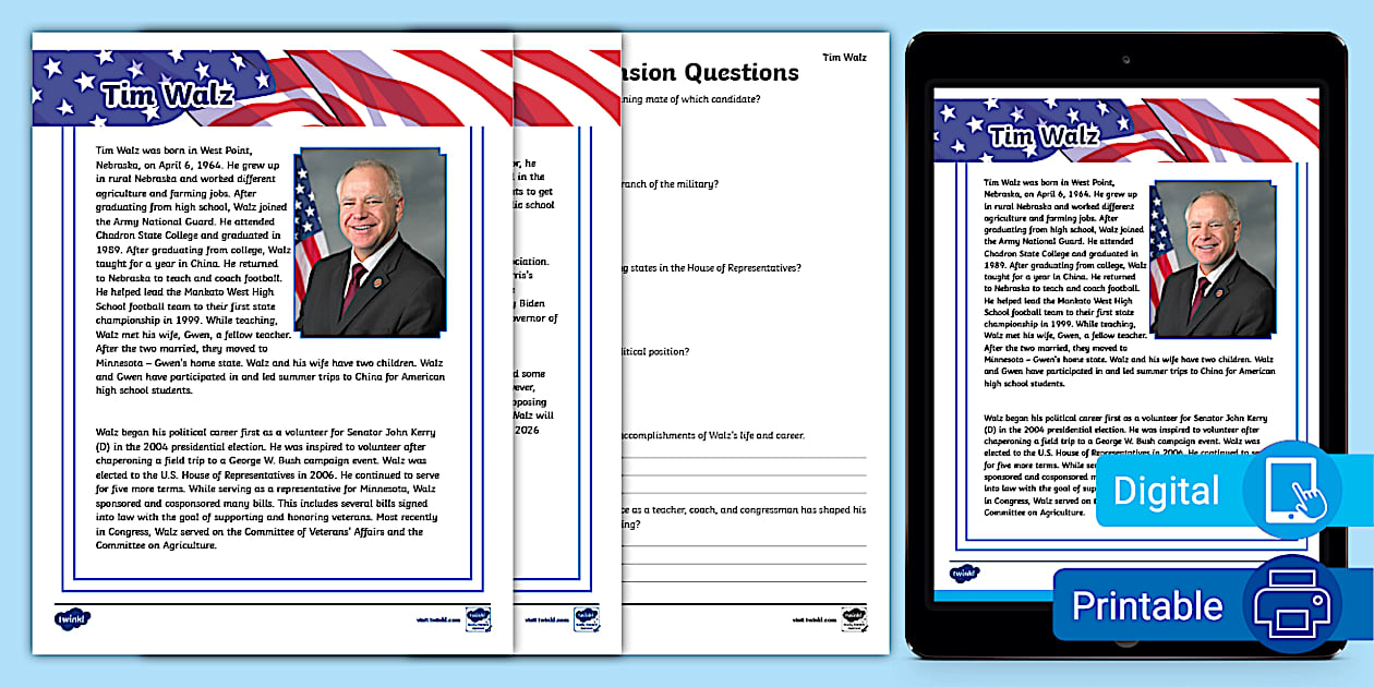 Seventh Grade Tim Walz Reading Comprehension Worksheet