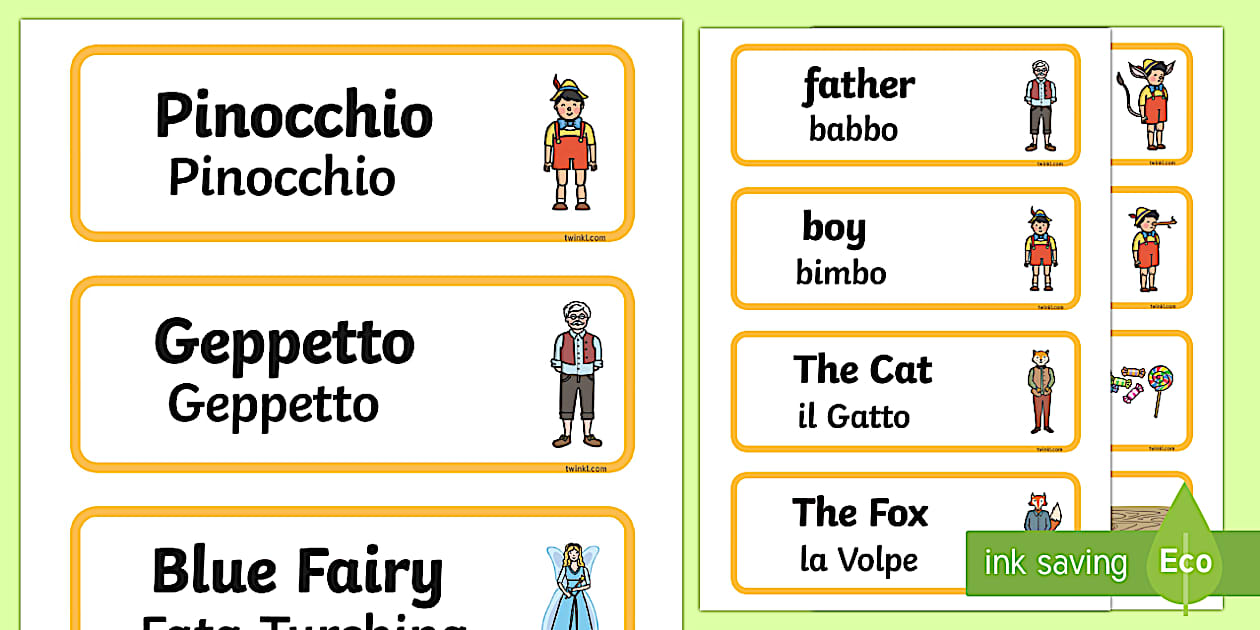 Pinocchio Word Cards English / Italian - Pinocchio Word Cards