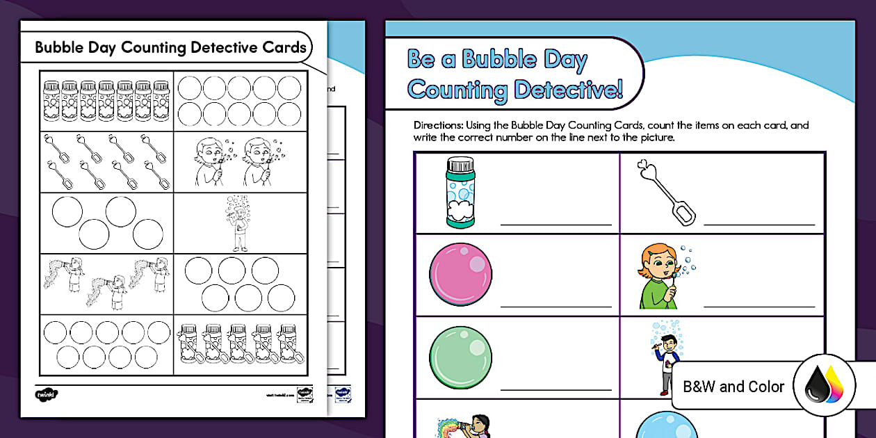 Early Childhood Bubble Day Count and Write the Room Worksheet