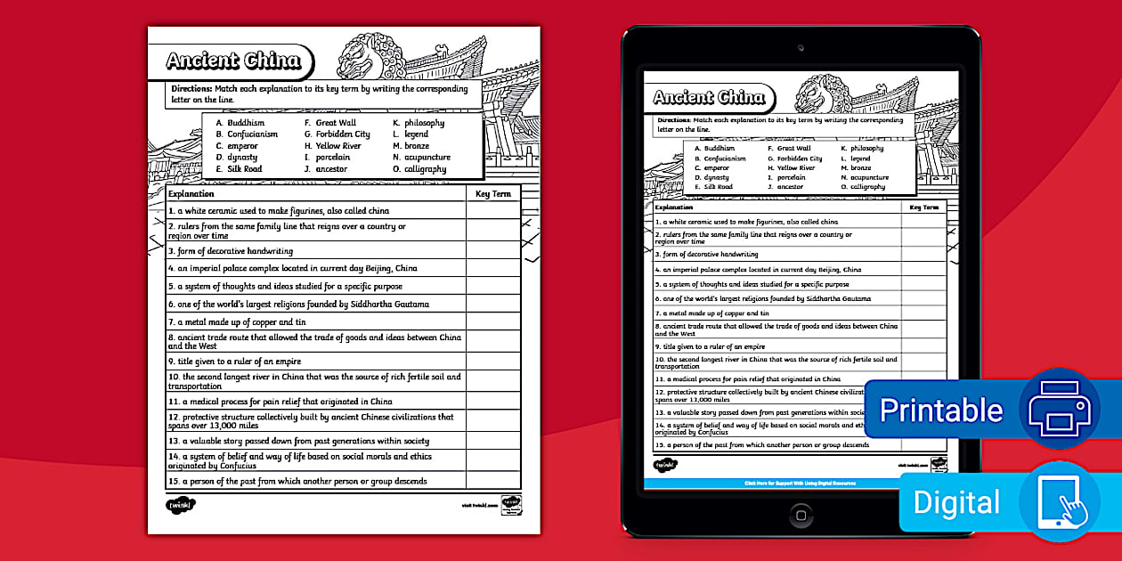 Sixth Grade Ancient China Matching Worksheet