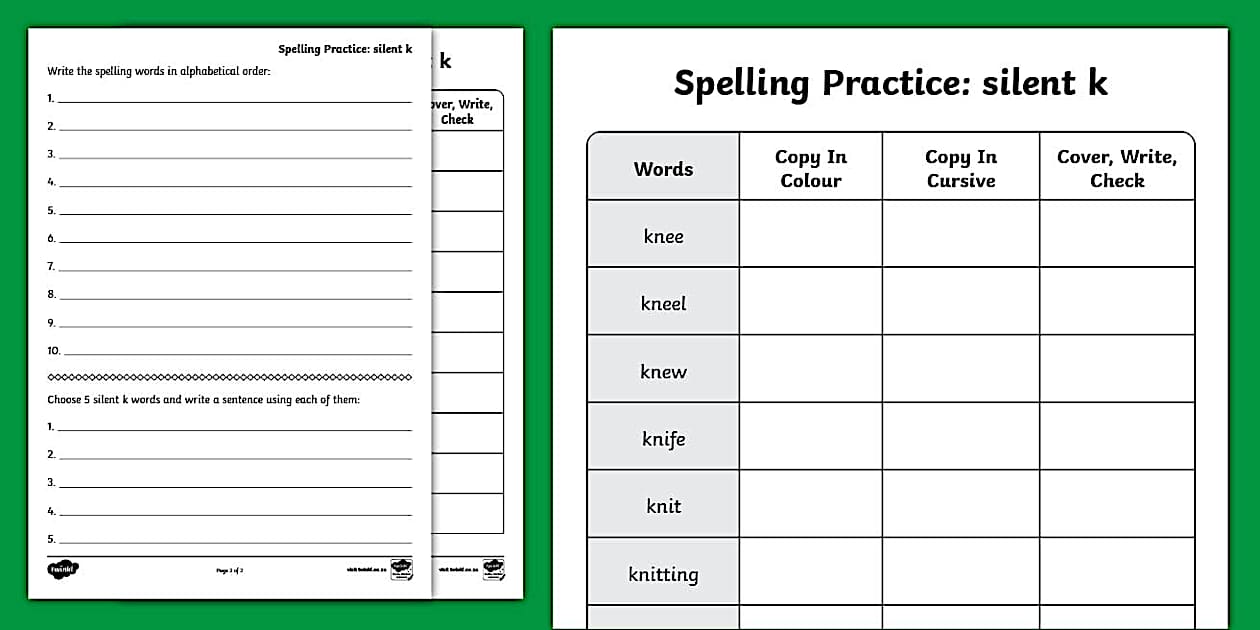 Grade 3 silent k Phonics Spelling Practice Sheets - Twinkl