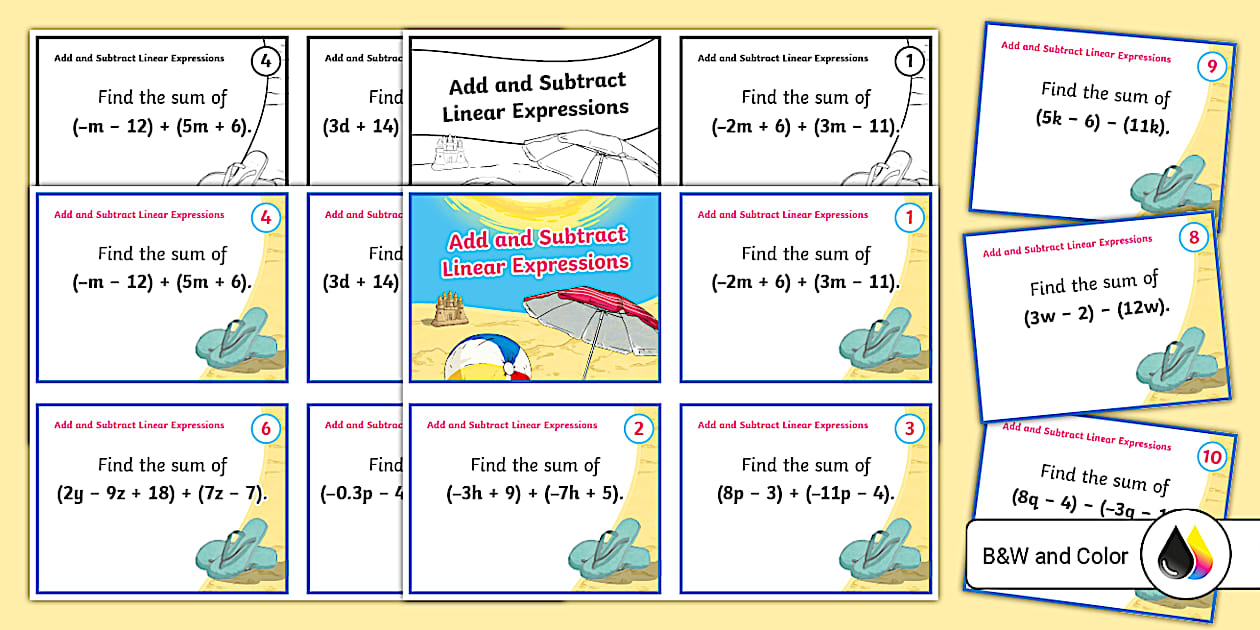 7th Gr. Add and Subtract Linear Expressions Beach Task Cards