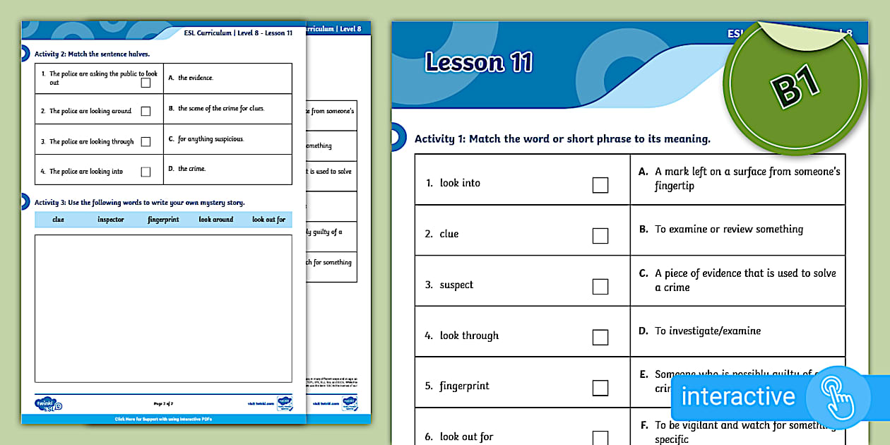 ESL Curriculum Level 8, Lesson 11 Interactive Worksheet