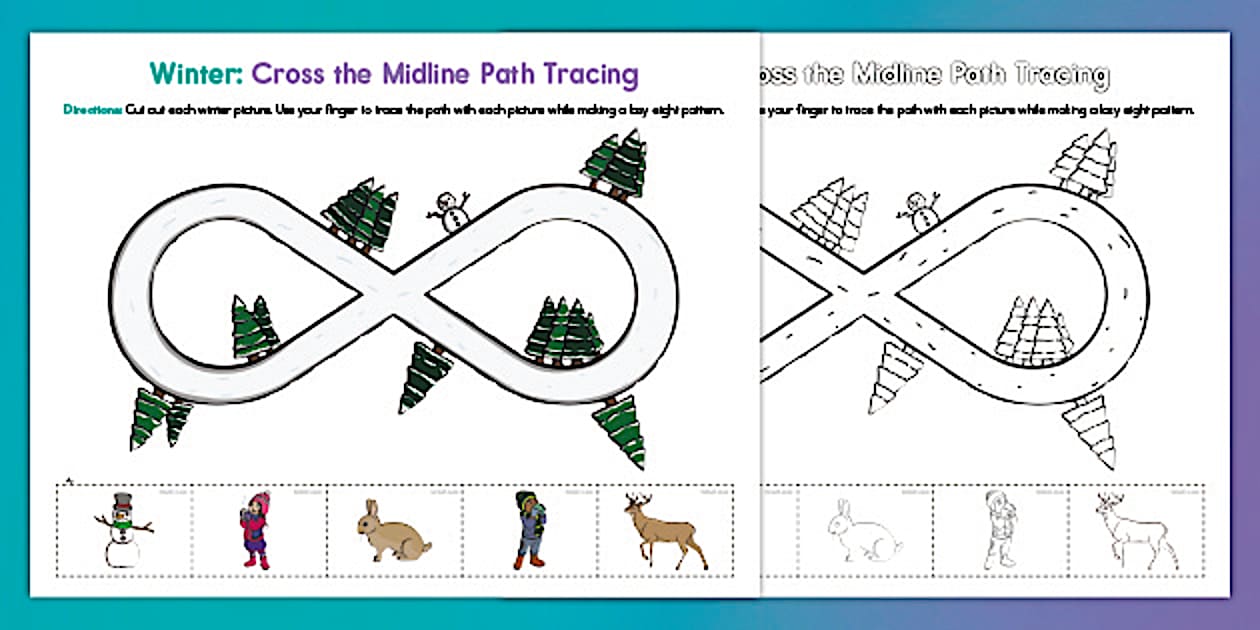 Winter: Cross the Midline Path Tracing Worksheet Sheet
