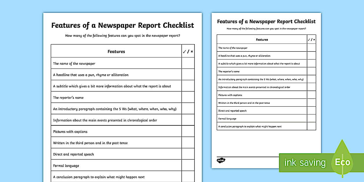 Features of a Newspaper Report Checklist (teacher made)