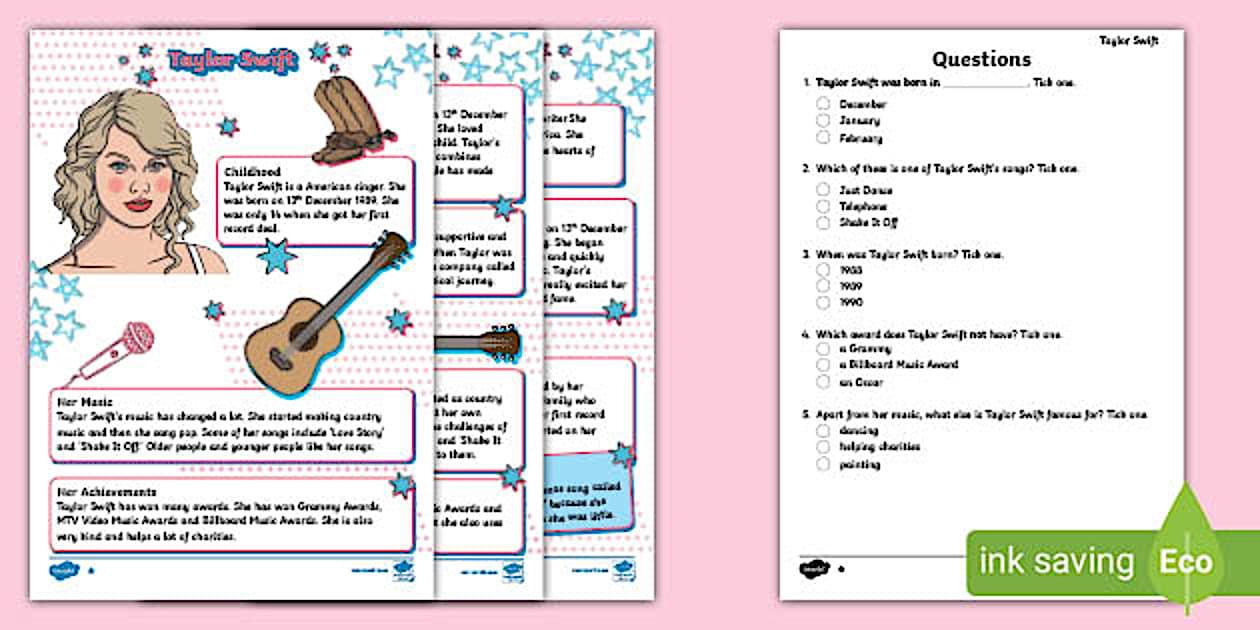 KS1 Taylor Swift Differentiated Reading Comprehensions