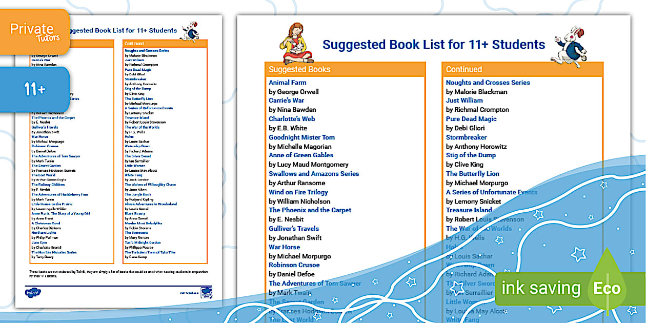 11+ Suggested Book List (teacher made) - Twinkl