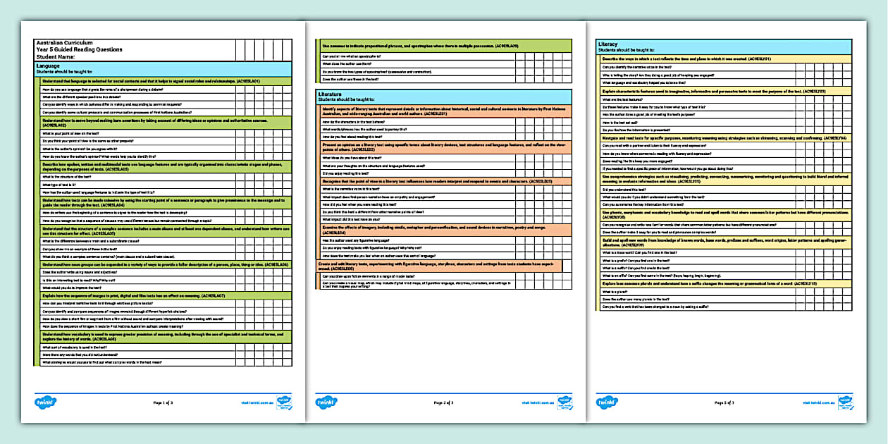 Year 5 Guided Reading Assessment Guidelines Checklist