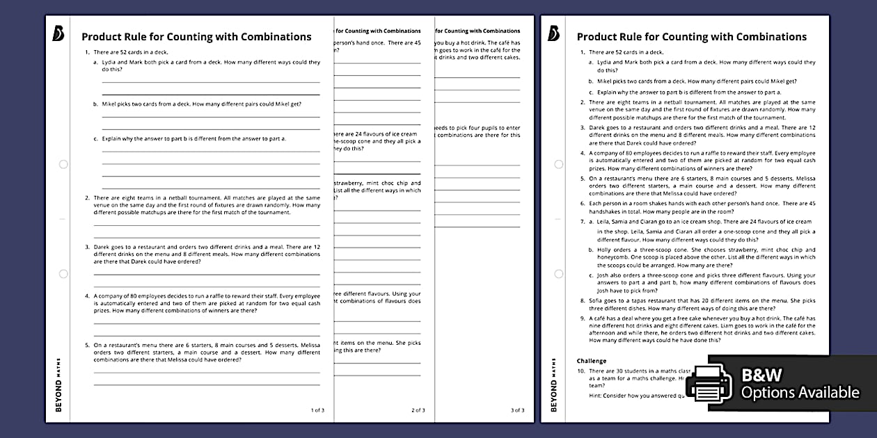 👉 Product Rule for Counting with Combinations Worksheet