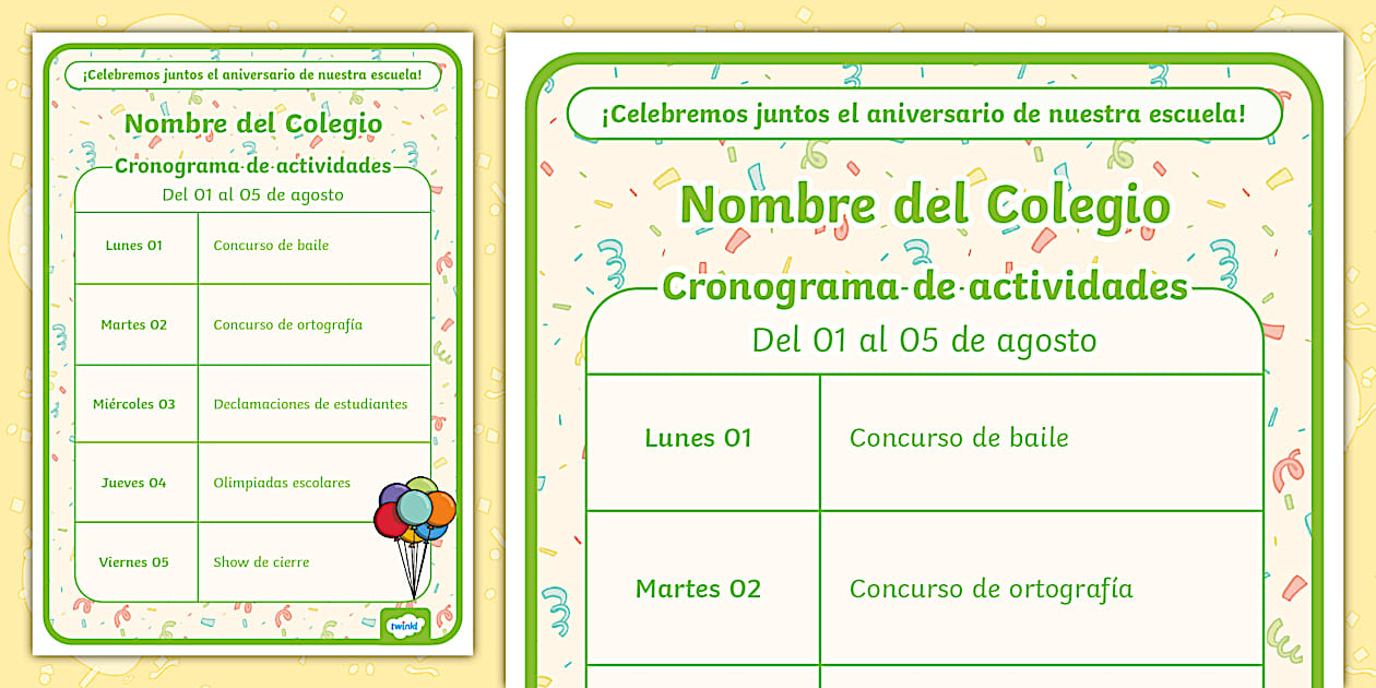 Cronograma de actividades de aniversario de colegio | Twinkl